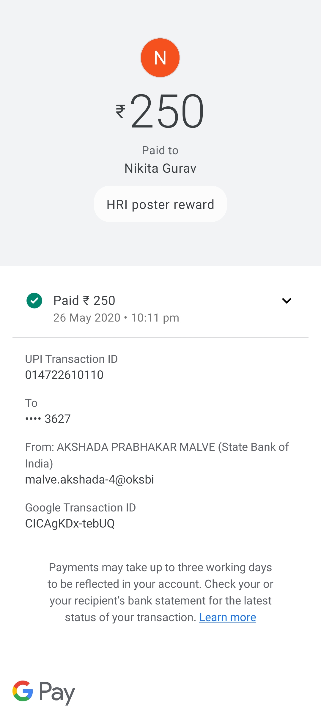 26 May 2020 – ₹ 250 Paid to Nikita Gurav on Google Pay [Paid ₹ 250] | IJSRM